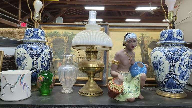 Lot Blue & White China Lamps, Brass Oil Lamp, Native Lady Figure ...
