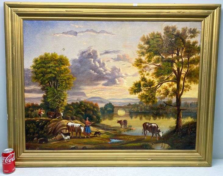 Antique Oil on Canvas Folk Art Landscape Painting - Dixon's Auction at ...