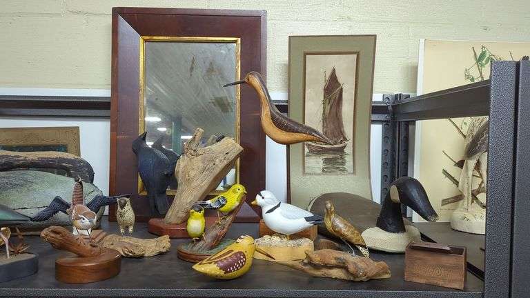 Collection of Shorebirds, Decoys & Bird Carvings, Antique Mirror Etc ...