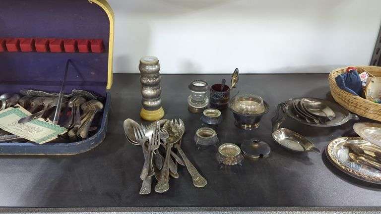 Lot Antique Silver Plate / Metal Flatware, Trays, Salt Spoons, Marbles ...