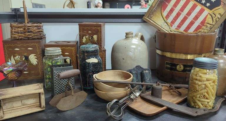 Lot Vintage Canister Set, Antique Stoneware, Old Kitchen Items Etc ...