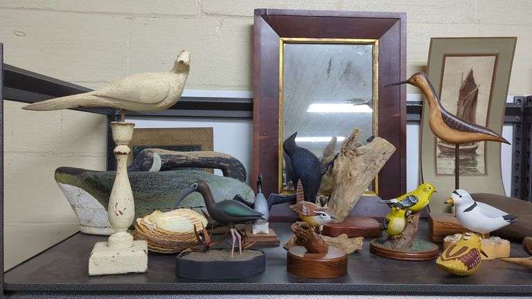 Collection of Shorebirds, Decoys & Bird Carvings, Antique Mirror Etc ...