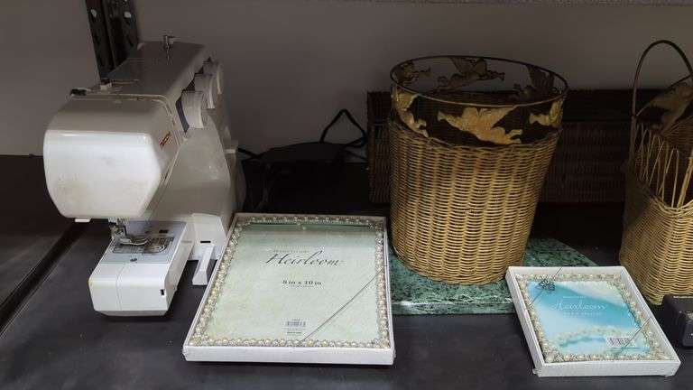 Lot Necchi Sewing Machine, Frames, Wicker & Metal Trash Can & Magazine ...