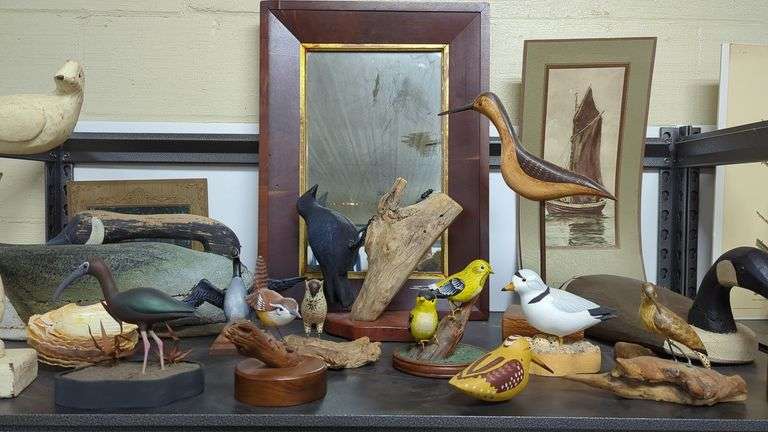 Collection of Shorebirds, Decoys & Bird Carvings, Antique Mirror Etc ...