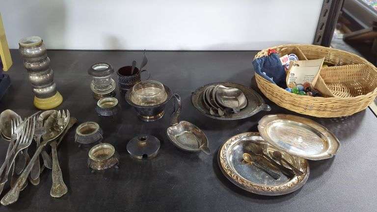 Lot Antique Silver Plate / Metal Flatware, Trays, Salt Spoons, Marbles ...