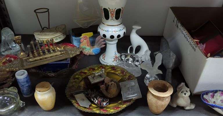Lot Vintage Goofus Glass Dishes, Brass Coat Rack, Cut to Clear Vase Etc ...