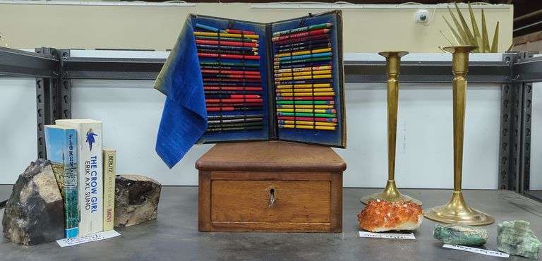 Lot Vintage Pencils, Oak Lock Box, Crystals & Obsidian Bookends Etc ...