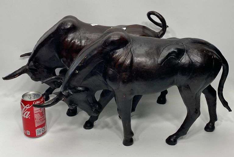 2 Vintage Leather Covered Bull Sculptures - Dixon's Auction at Crumpton