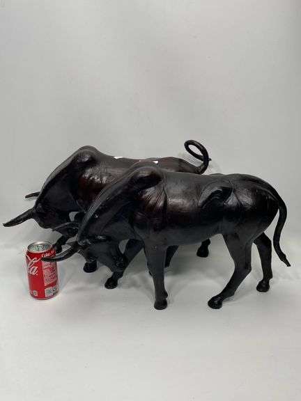 2 Vintage Leather Covered Bull Sculptures - Dixon's Auction at Crumpton