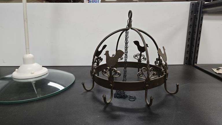 Lot Brass Hanging Rooster Kitchen Rack & Light Fixture - Dixon's ...