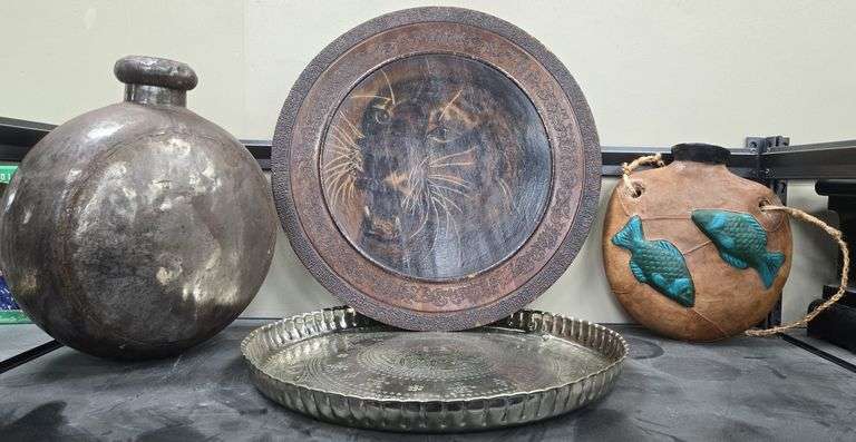 Lot Vintage Metal Vessel & Platter, Pottery Vessel & Tiger Painting on ...