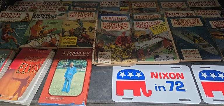 Lot of Vintage Popular Mechanics Magazines, Elvis Books, Nixon Vanity ...