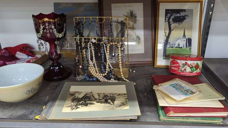 Lot Costume Jewelry Beads, Pyrex Bowls, Antique Photos, Framed Art Etc ...