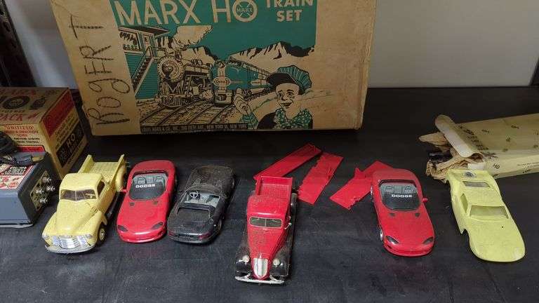 Lot of Vintage Model Cars & Trucks, Marx Train Set Empty Box Etc ...