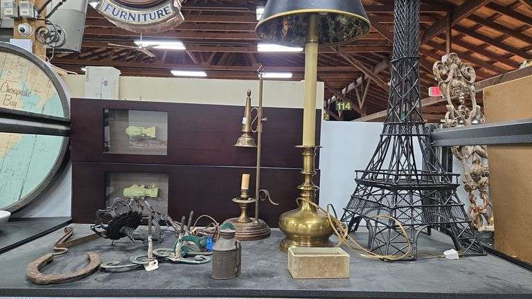 Lot Eiffel Tower, Brass Table Lamps, Oriental Relic Wall Decor Etc. - Dixon's Auction at Crumpton