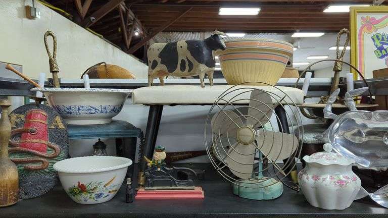 Lot Antique Mixing Bowls, Eskimo Fan, Crab Dish, Cast Iron Nutcracker ...