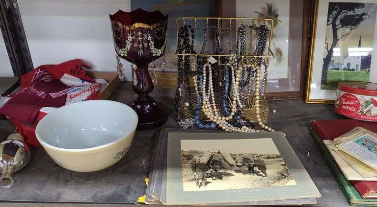 Lot Costume Jewelry Beads, Pyrex Bowls, Antique Photos, Framed Art Etc ...
