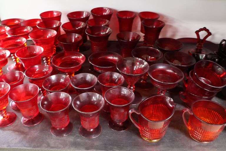 Lot of Ruby Red & Red / Orange Glass Stemware, Cups & Plates Etc ...