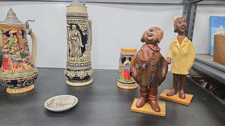 Lot of German Style Beer Steins, Wood Carved Figures, Toby Mug, Desk ...