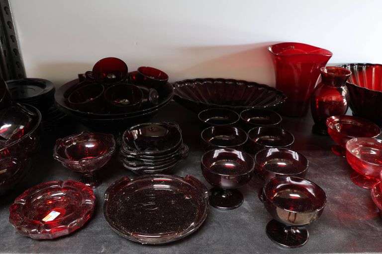 Lot of Vintage Ruby Red & Red Glass Dishes, Cups, Punch Bowl, Plates ...