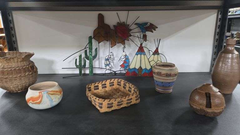 Lot Leaded Stained Glass Native American Decor, Pottery Vessels, Woven ...