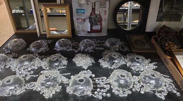 Lot of Glass Hanging Prism Bobeches, Framed Flowers, Mirrors Etc ...