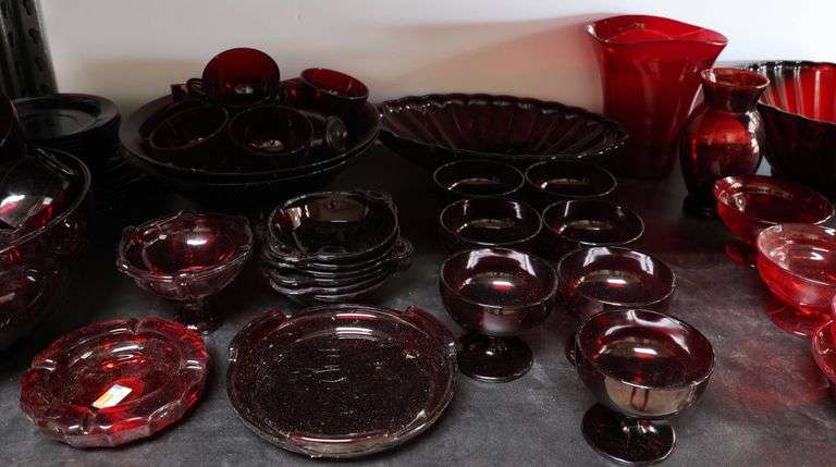 Lot of Vintage Ruby Red & Red Glass Dishes, Cups, Punch Bowl, Plates ...