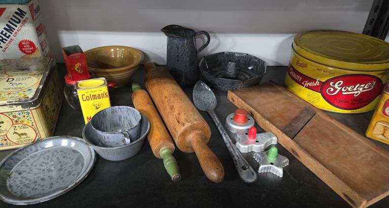Vintage Kitchen Lot, Rolling Pins, Slaw Board, Food Tins Etc. - Dixon's ...