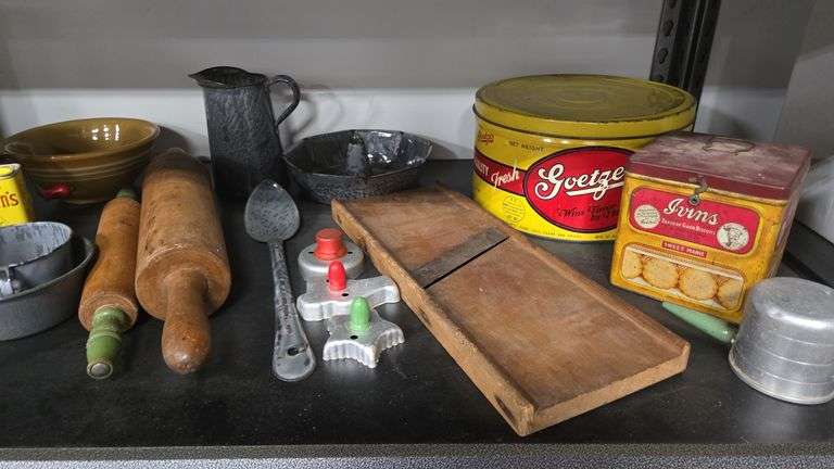 Vintage Kitchen Lot, Rolling Pins, Slaw Board, Food Tins Etc. - Dixon's ...