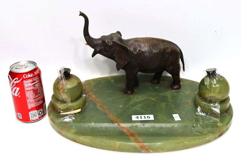 Art Deco Bronze Elephant Onyx Inkwell-One Tusk is Loose, Some Chips ...