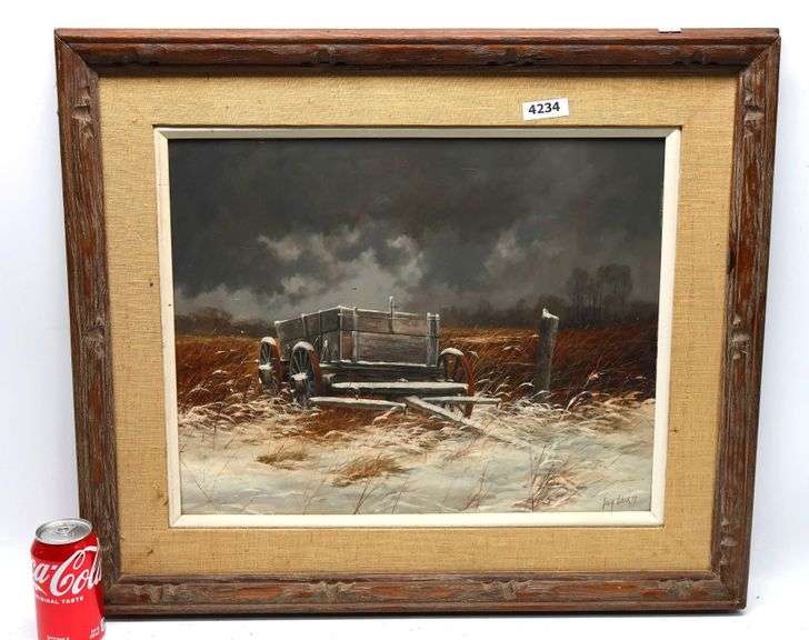 Jerry Lubeck 1973 Oil on Masonite Painting of Farm Cart - Dixon's ...