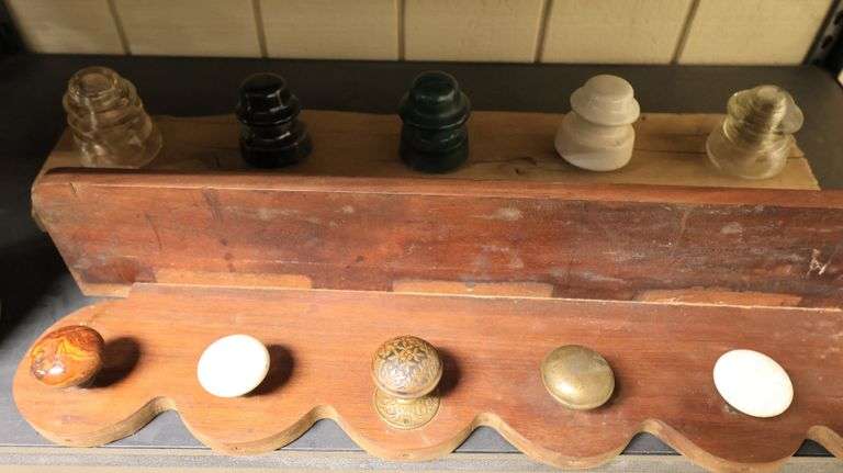 Lot Antique Doorknob & Glass Insulator Coat Rack, Stoneware Crock ...