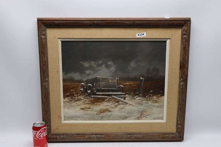 Jerry Lubeck 1973 Oil on Masonite Painting of Farm Cart - Dixon's ...