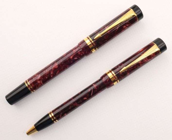 Maroon Marble Parker Duofold Fountain Pen with 18k Nib and Ball Point Pen Set - Dixon's Auction ...