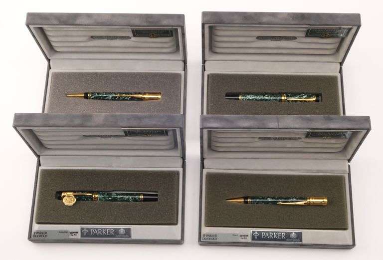(4) Parker Duofold Green Marble Pen Set (Including 18k Nib Fountain ...