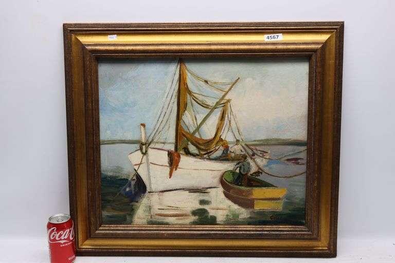 New England Harbor Scene Painting Signed Greer - Dixon's Auction at ...