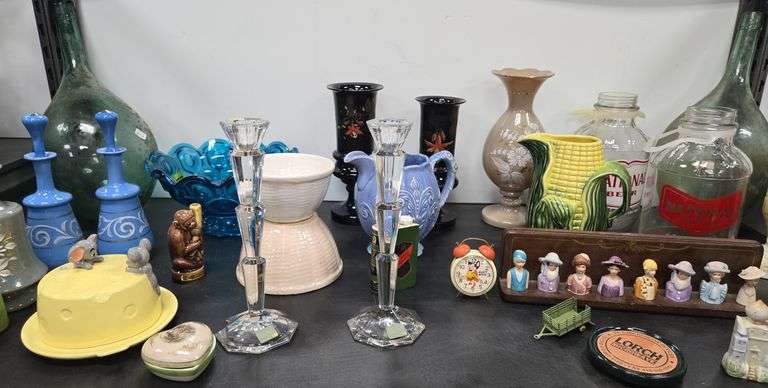 Lot Vintage Glass Vases, Lady Busts, Cheese Dish, Antique Bottles ...