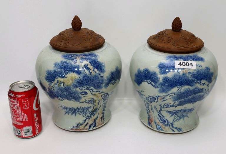 2 Chinese Porcelain Ginger Jars with Carved Wood Lids - Dixon's Auction ...