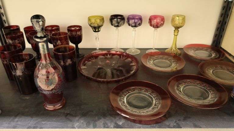 Lot of Vintage Ruby Red Cut to Clear Dishes, Goblets, Decanter ...