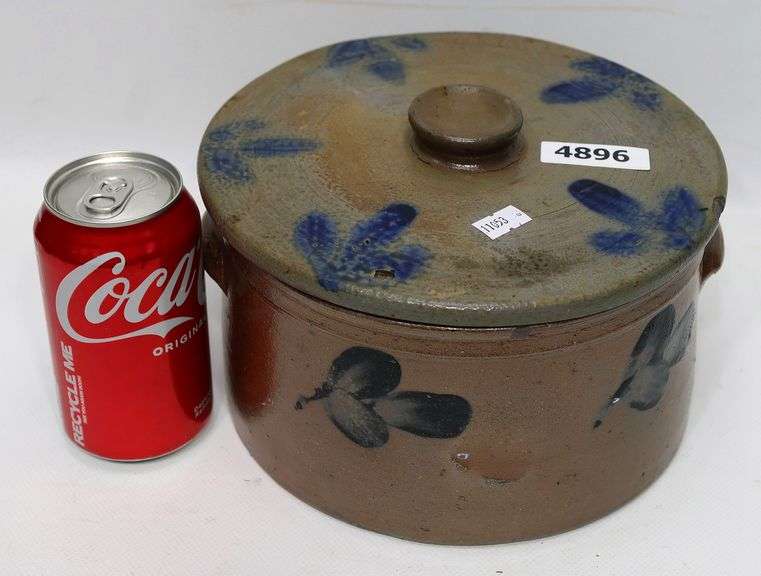 Antique Blue Decorated Stoneware Cake Crock with Lid-Chips to Underside ...