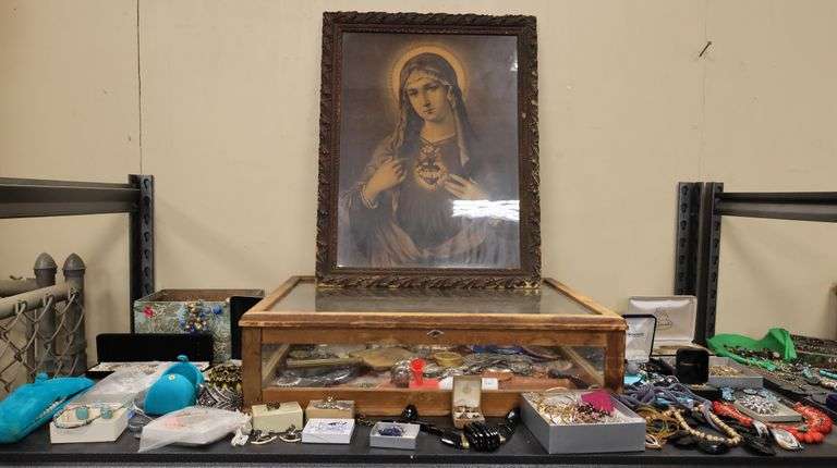 Lot of Costume Jewelry, Display Case, Antique Mary Print, Hand Mirrors ...