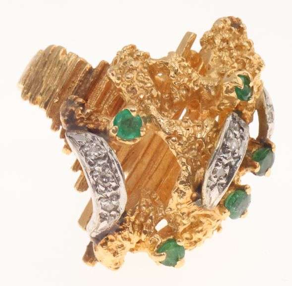 14k Gold Abstract Lab Emerald & Diamond Ring 12.4g (Few Small Chips on ...