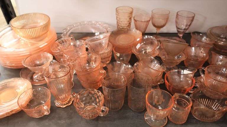 Lot of Vintage Style Pink Depression Glass Dishes, Cups, Plates Etc ...