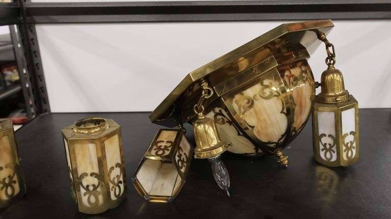 Antique Brass & Slag Glass Hanging Chandelier Fixture - Dixon's Auction ...