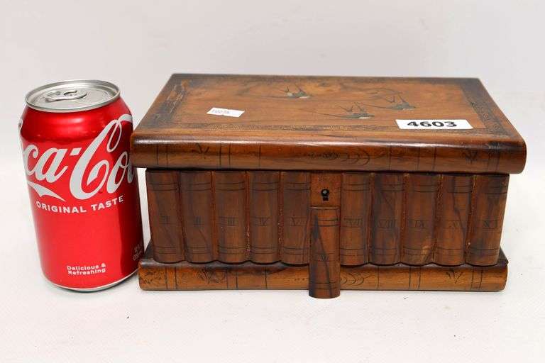 Antique Inlaid & Painted Shelf of Books Form Box-Some Losses to Inlay ...
