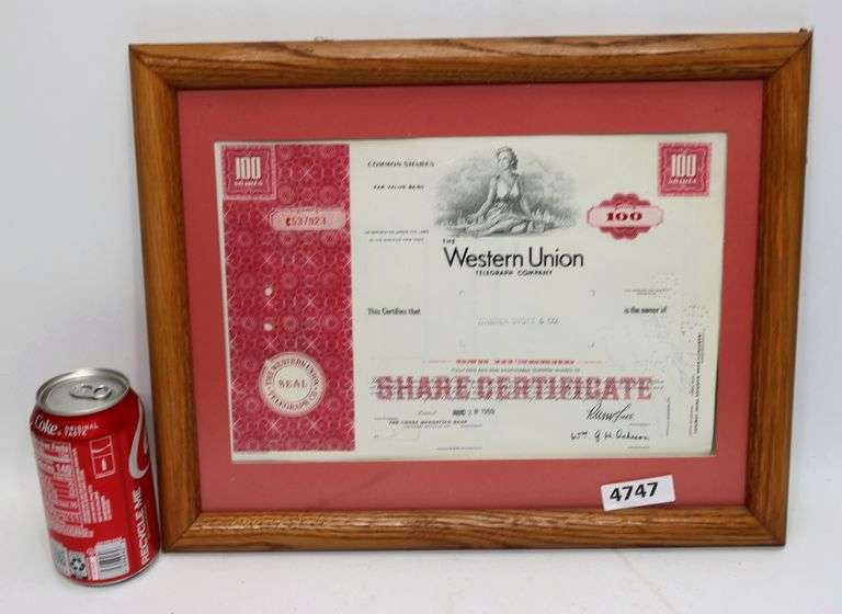 Antique Western Union Stock Certificate - Dixon's Auction at Crumpton