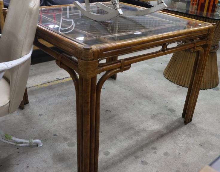 *NO STORAGE* MCM Bamboo Rattan Glass Top Dining Table - Dixon's Auction ...