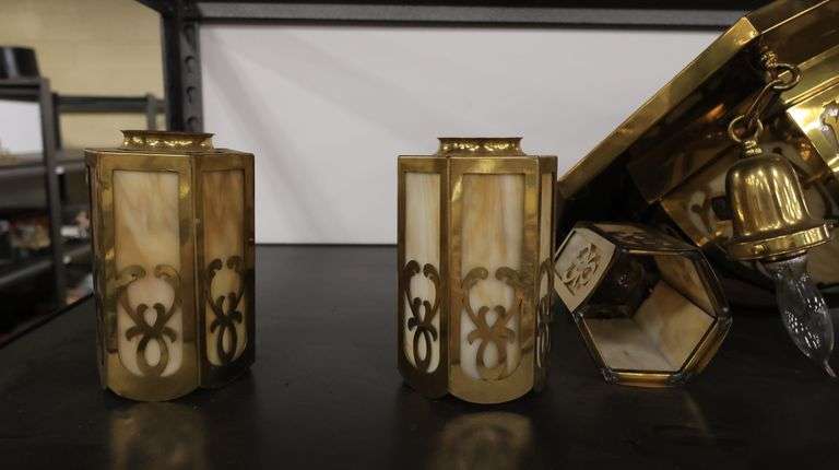 Antique Brass & Slag Glass Hanging Chandelier Fixture - Dixon's Auction ...