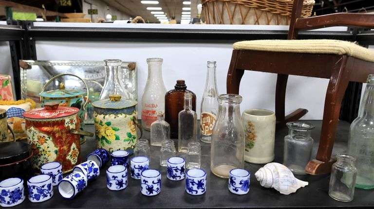 Lot of Vintage Bottles, Kids Rocking Chair, Blue & White China Napkin ...