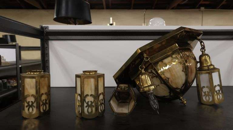 Antique Brass & Slag Glass Hanging Chandelier Fixture - Dixon's Auction ...